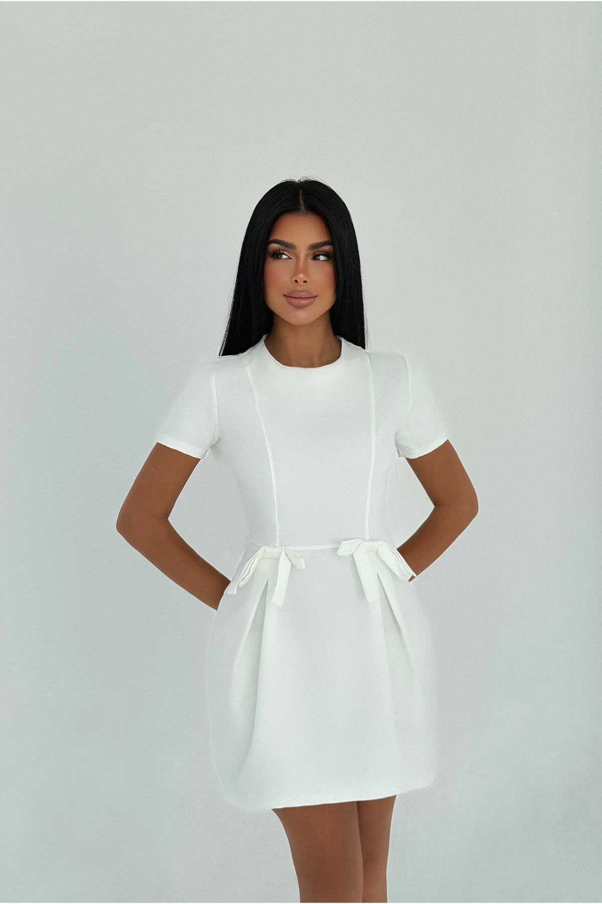 Beyaz Basic Mini Elbise ATE-3145 - Eyyo