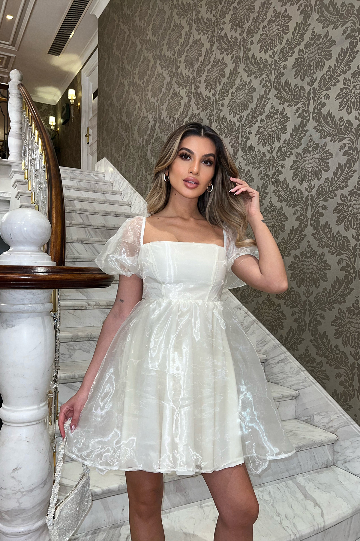 Beyaz Tül Mini Elbise ATE4042 - Eyyo