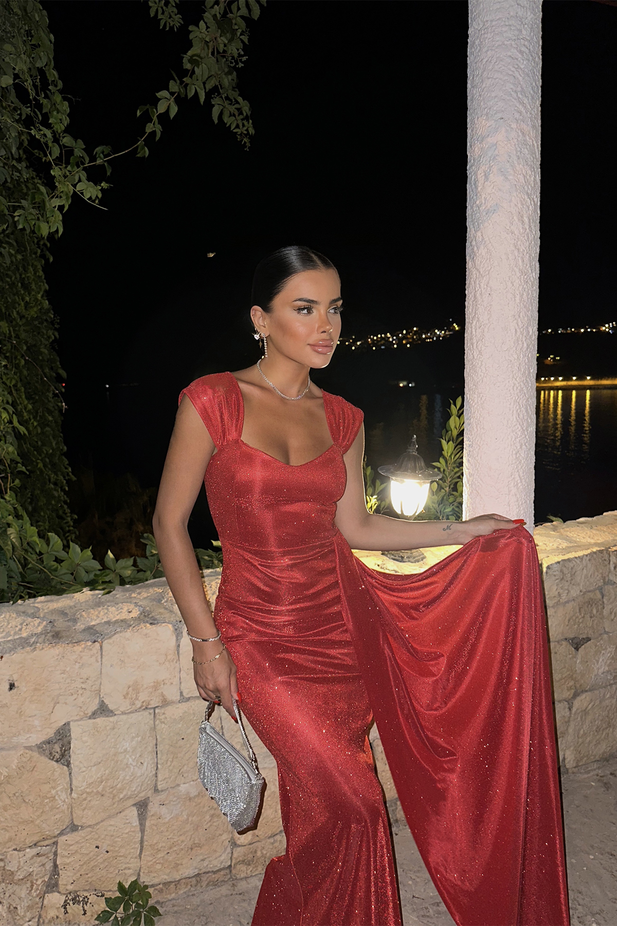 Kırmızı Simli Uzun Abiye Elbise Ate7689 Eyyo