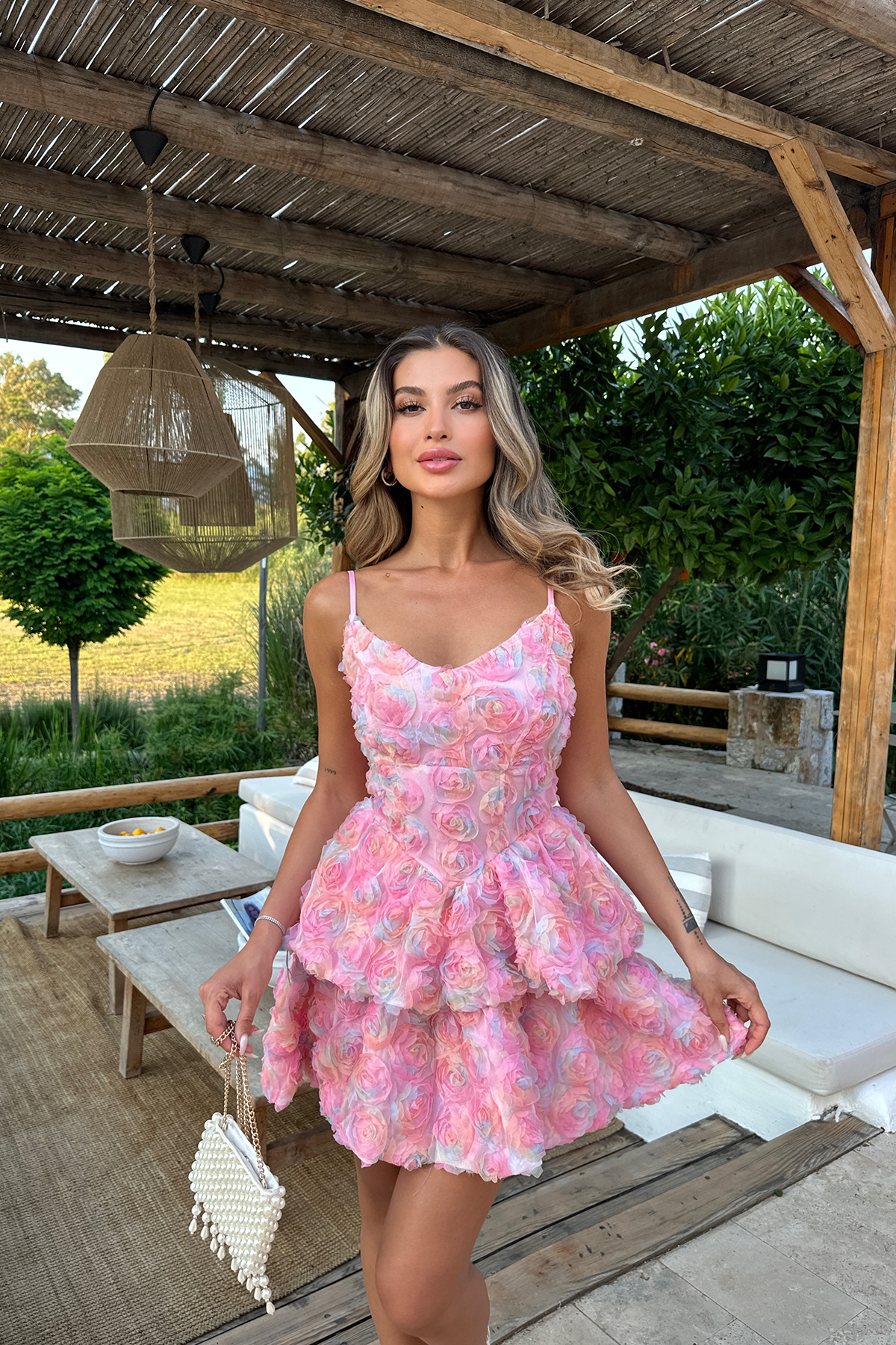 Pembe Asklı Gül Desen Mini Elbise ATE7218 - Eyyo