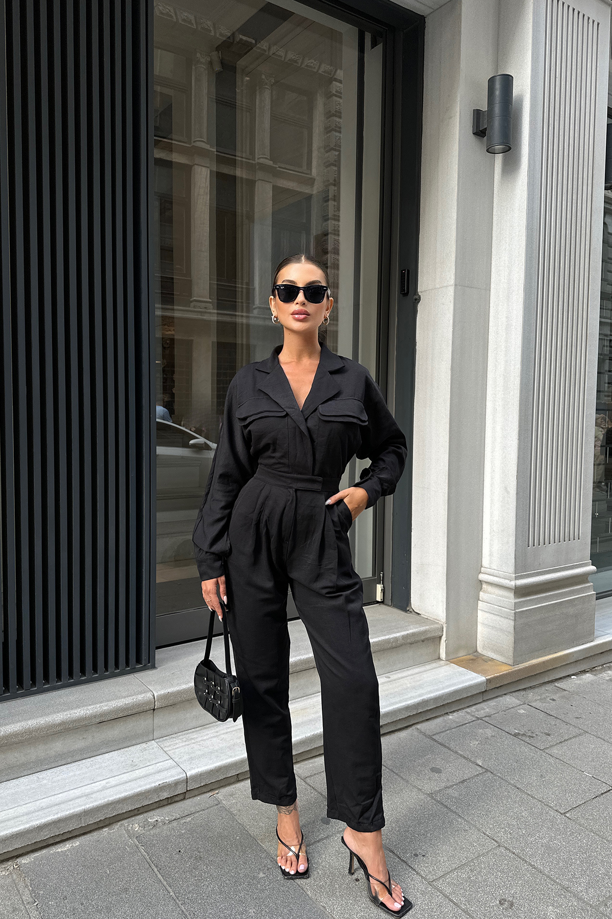 Siyah Gömlek Yaka Basic Tulum ATE7119 - Eyyo