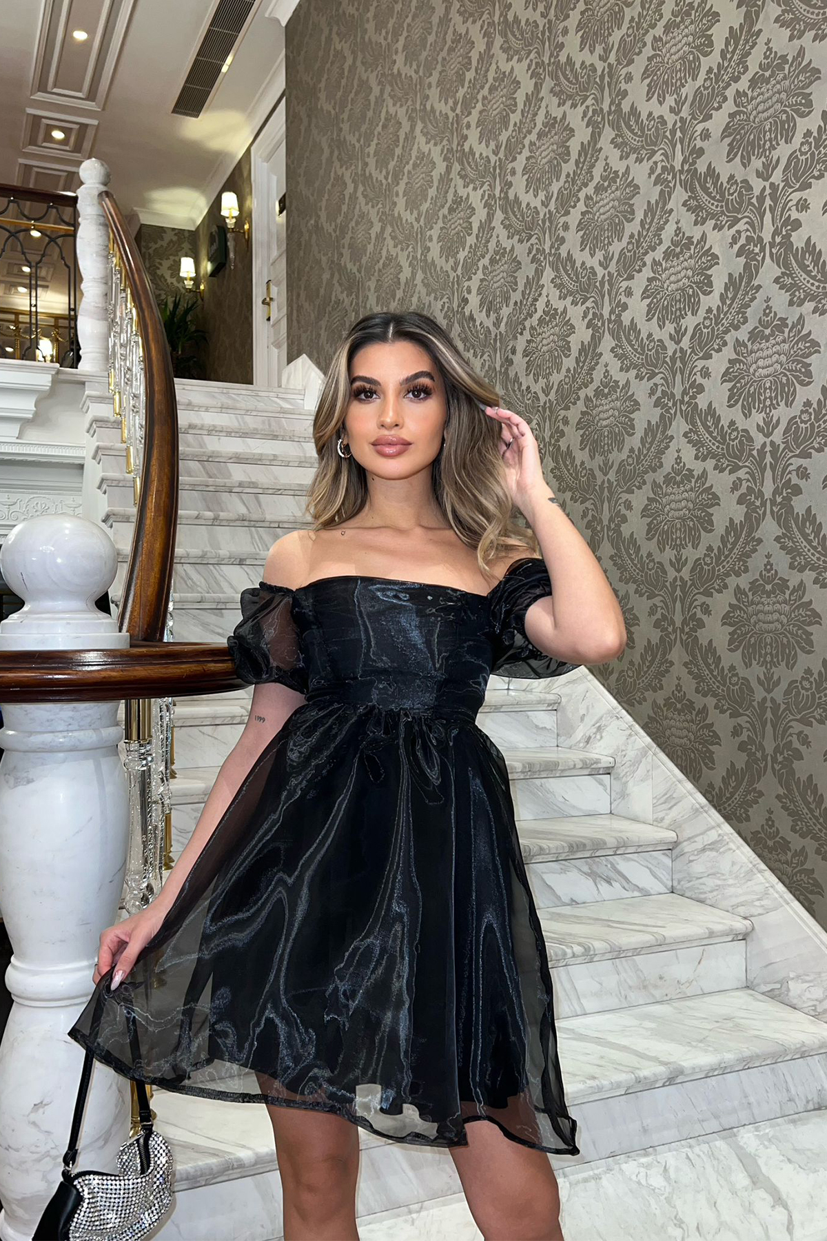 Siyah Tül Mini Elbise ATE4041 - Eyyo