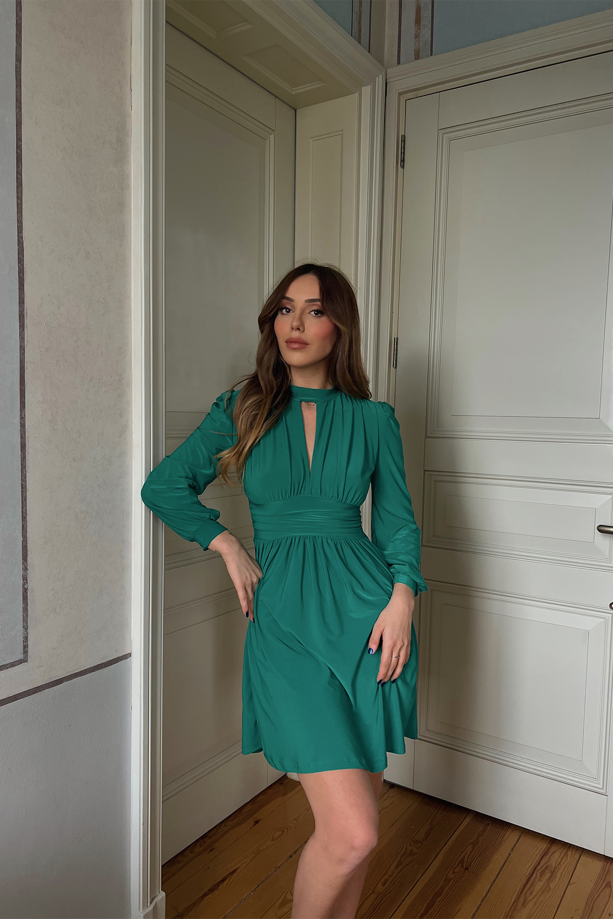 Turkuaz Pencere Detay Mini Elbise ATE3563 - Eyyo