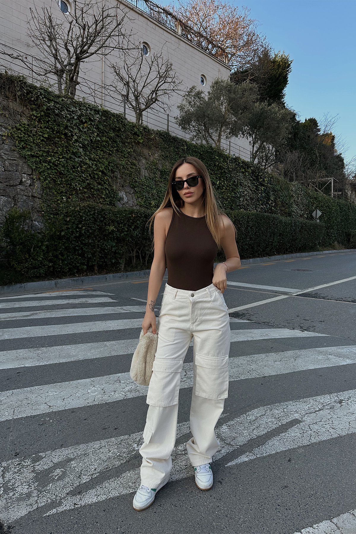 Beyaz Kargo Cepli Pantolon ATE4334 - Eyyo